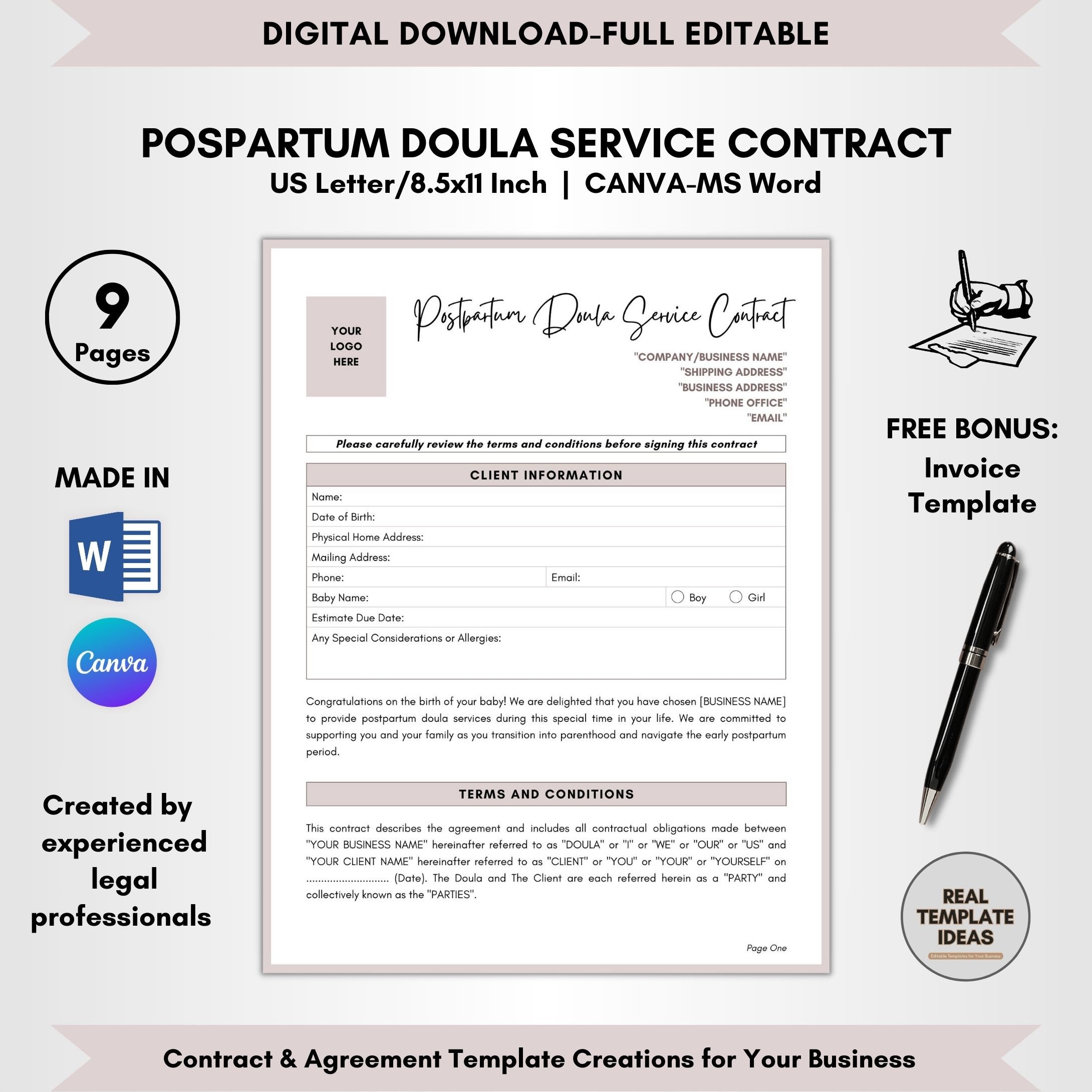 Postpartum Doula Service Contract Template: Customizable Agreement (canva & MS Word, Digital ...