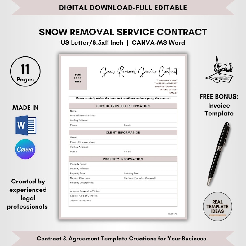 Snow Removal Service Contract Template, 11 Pages DIY Editable, Snow ...