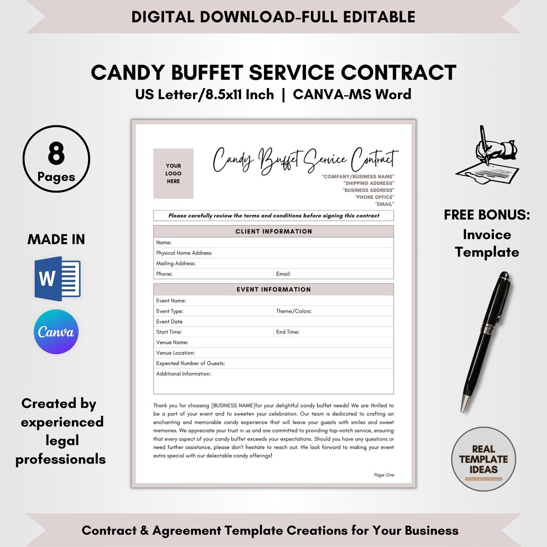 Candy Buffet Service Contract Template, 8 Pages DIY Editable, Event ...