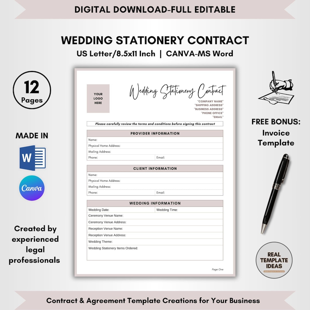 Wedding Stationery Contract Template, 12 Pages DIY Editable, Stationery ...