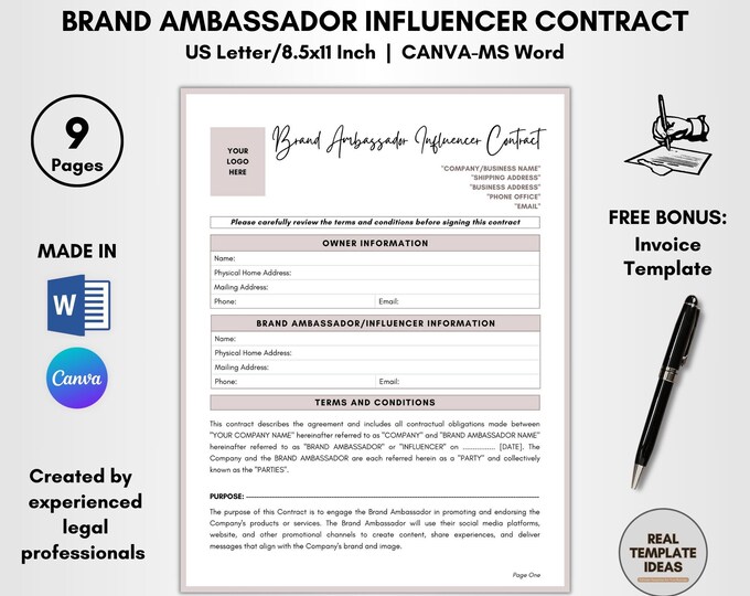 Editable and Printable Social Media Influencer Contract Template ...
