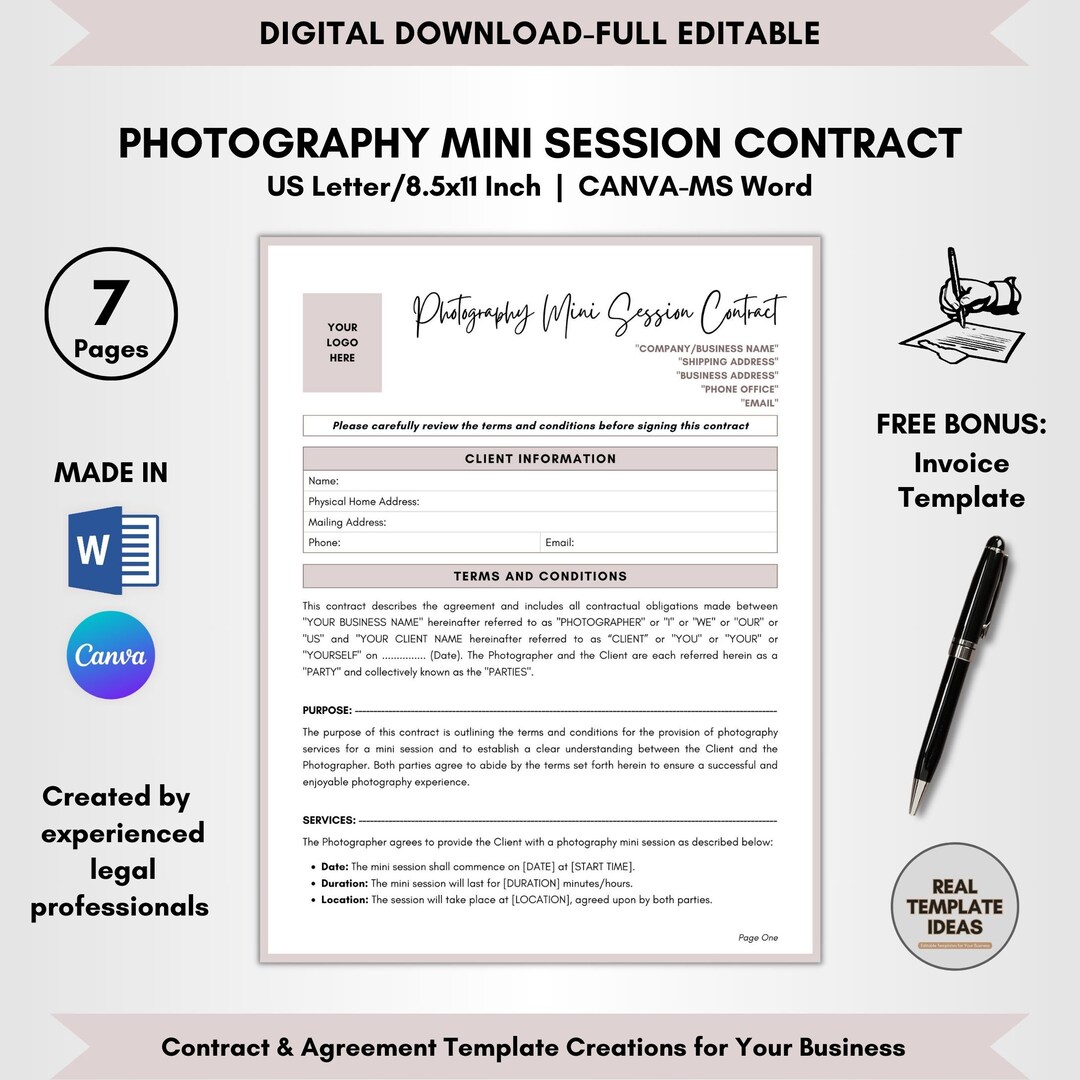Photography Mini Session Contract, 7 Pages DIY Editable, Mini Session Service Agreement, Quick ...