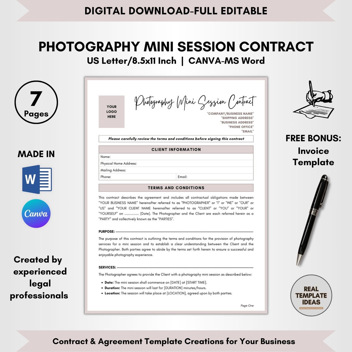 Photography Mini Session Contract, 7 Pages DIY Editable, Mini Session ...