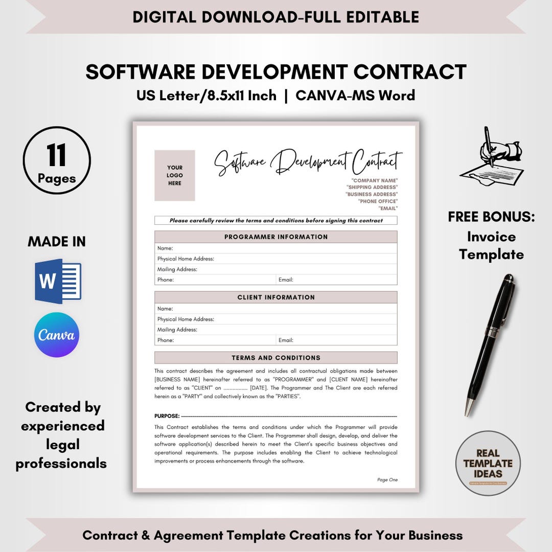 Software Development Contract Template, 11 Pages DIY Editable ...