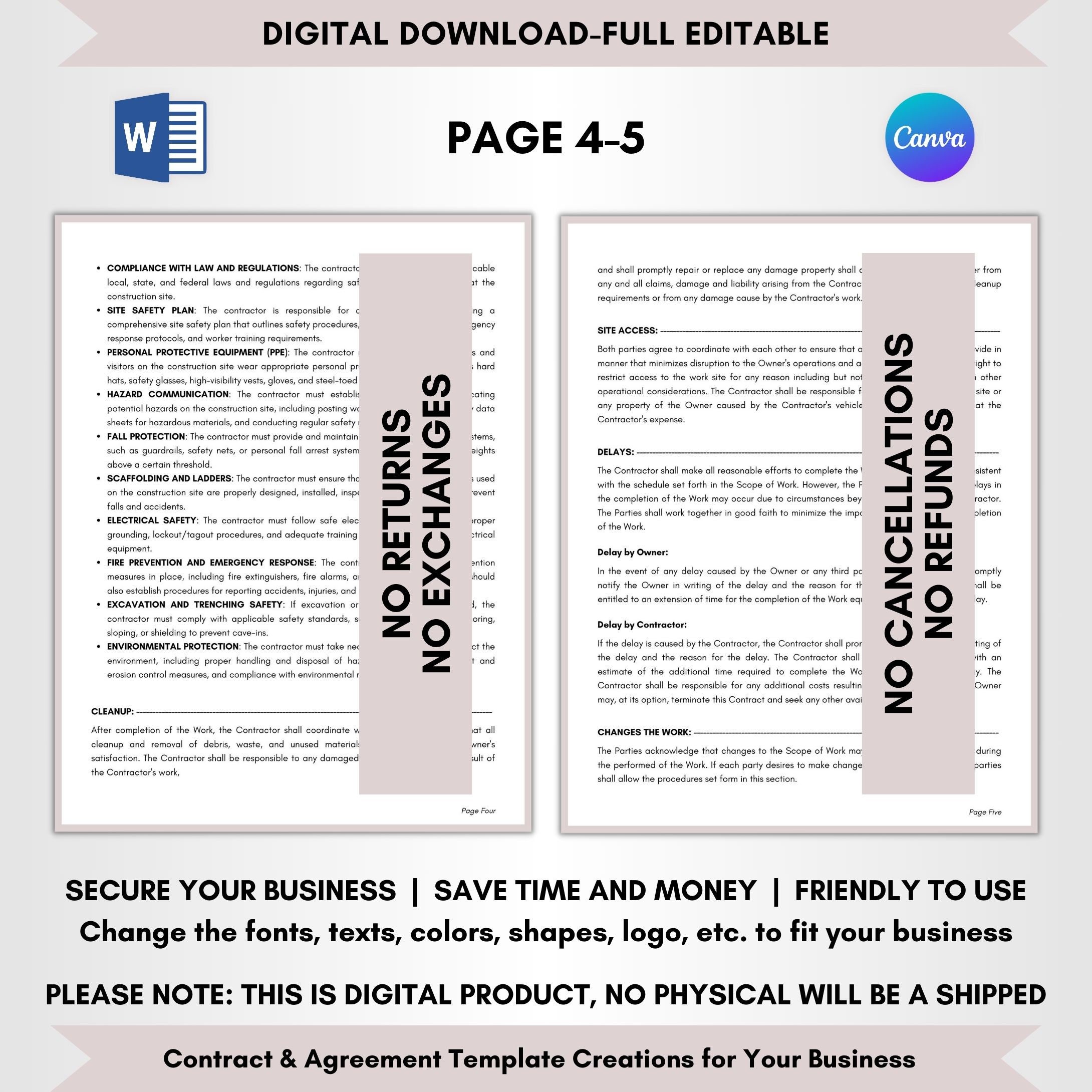 Construction Contract Template, 9 Pages DIY Editable, Construction ...