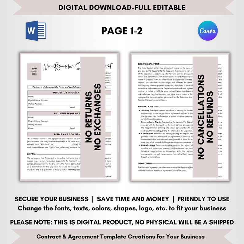 Non-refundable Deposit Agreement Template, 6 Pages DIY Editable ...