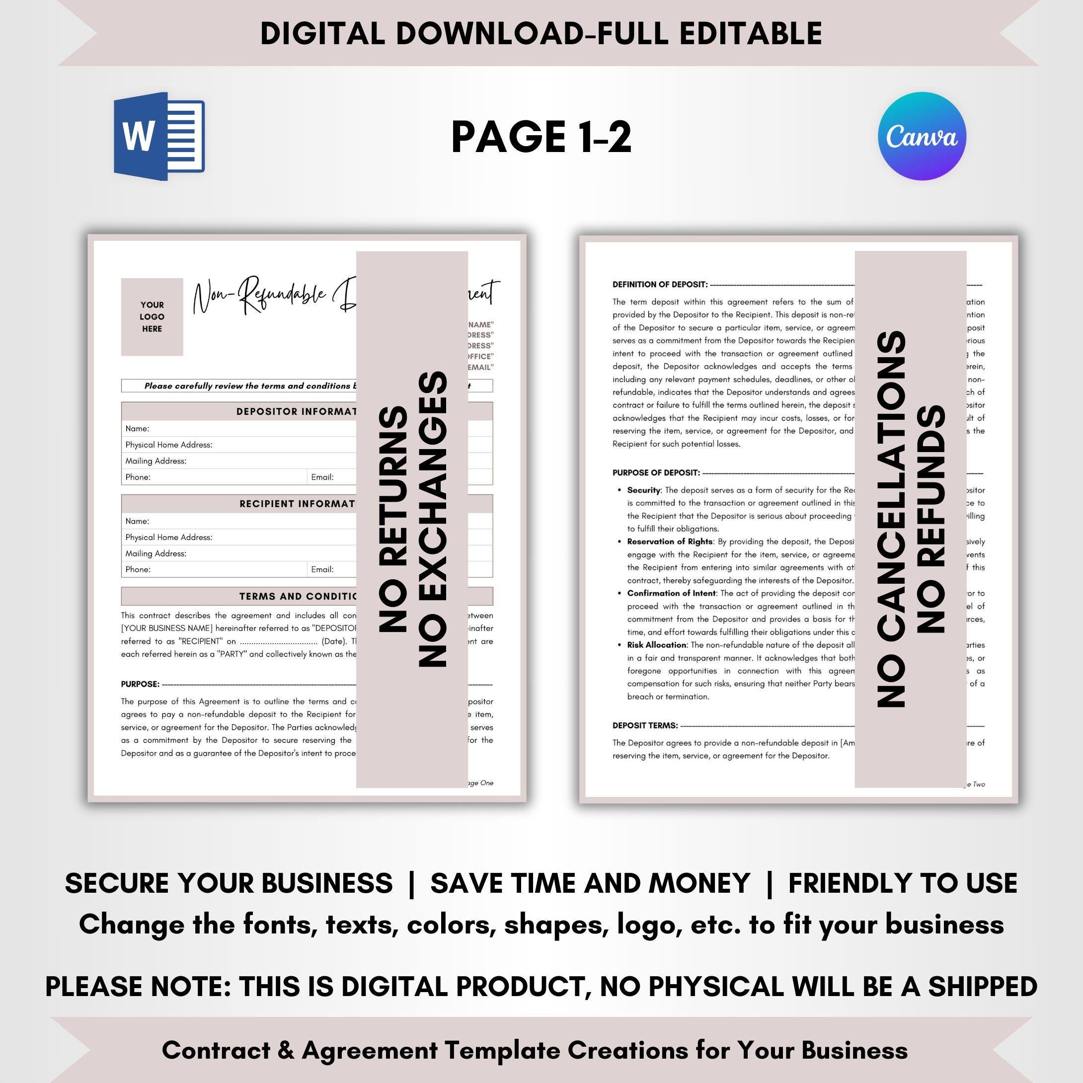 Non-refundable Deposit Agreement Template, 6 Pages DIY Editable ...