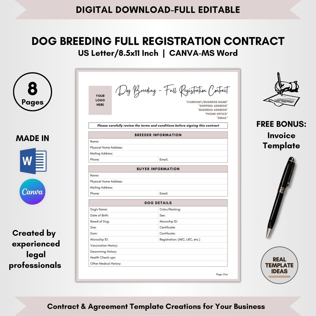 Dog Breeding Full Registration Contract Template, 8 Pages DIY Editable ...