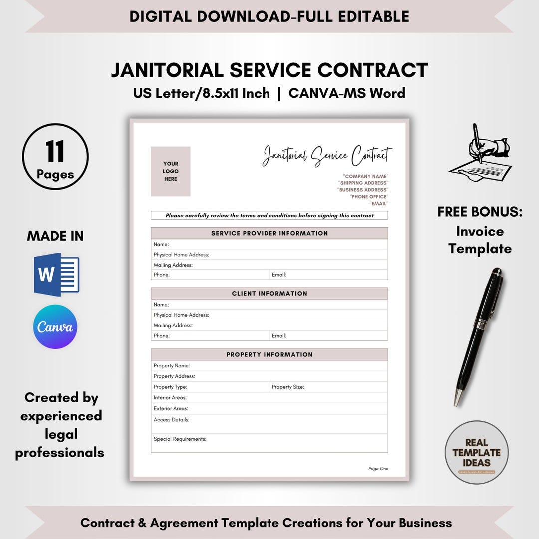 Janitorial Service Contract Template, 11 Pages DIY Editable, Janitor ...