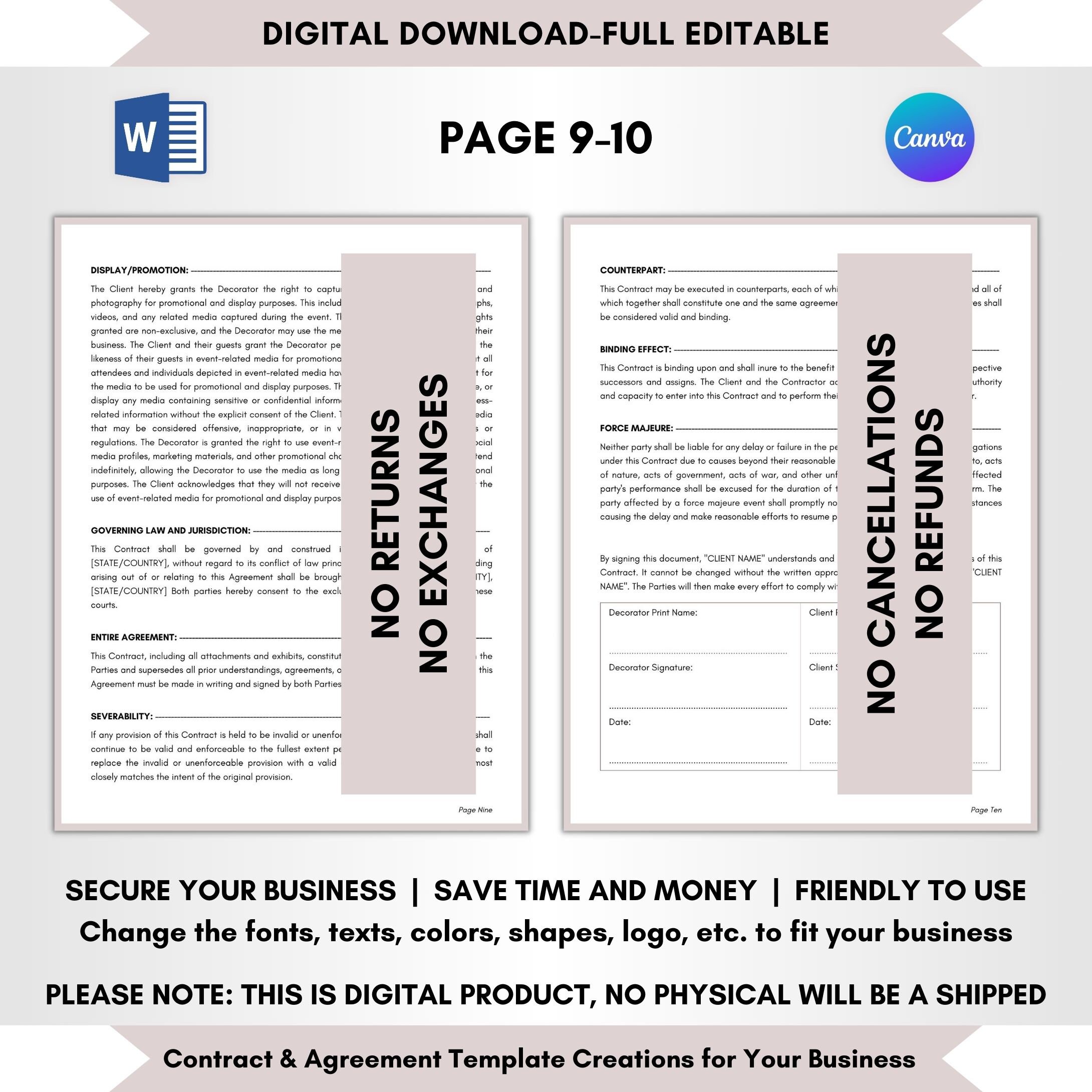 Event Decoration Service Contract Template: Editable DIY (CANVA & MS ...