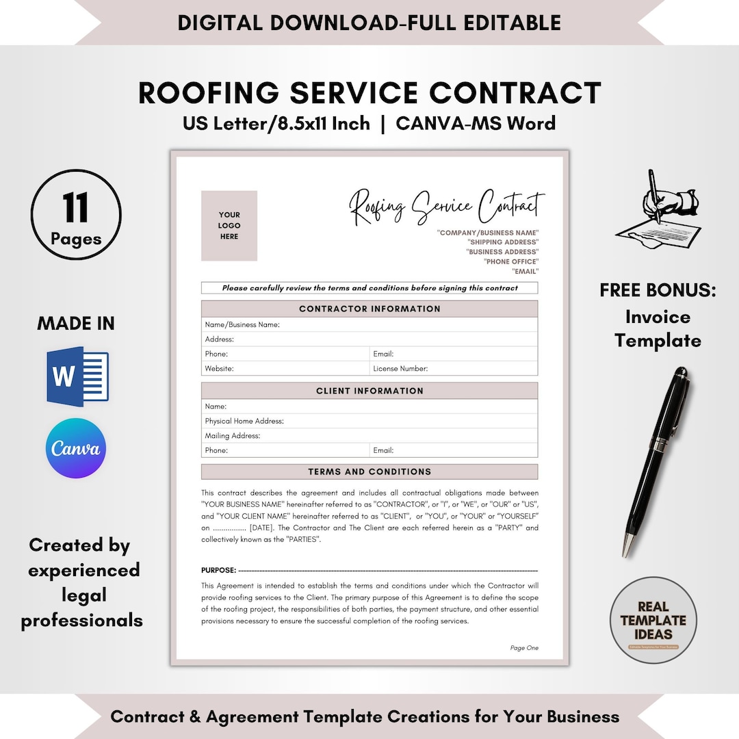 Roofing Service Contract Template: DIY Editable Agreement (canva & MS ...