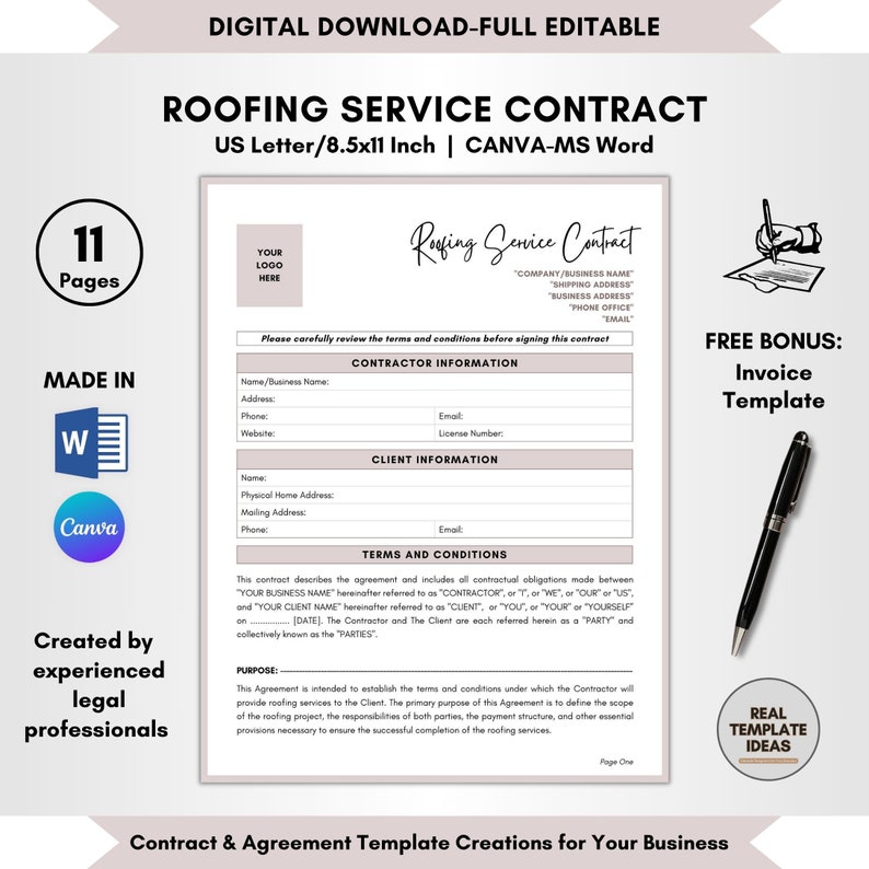 Roofing Service Contract Template: DIY Editable Agreement (canva & MS ...