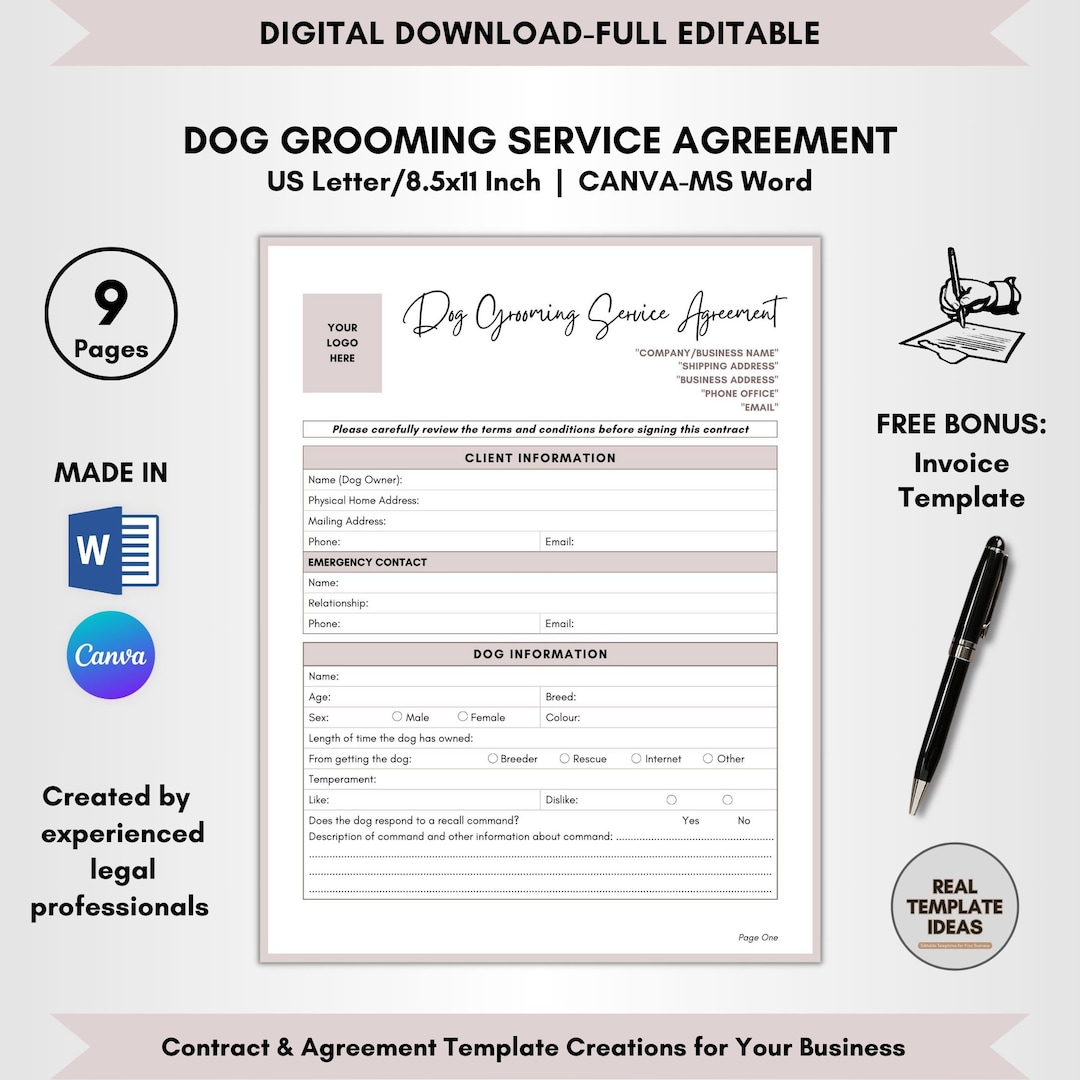 Dog Grooming Service Agreement Contract, 9 Page DIY Editable, Dog ...