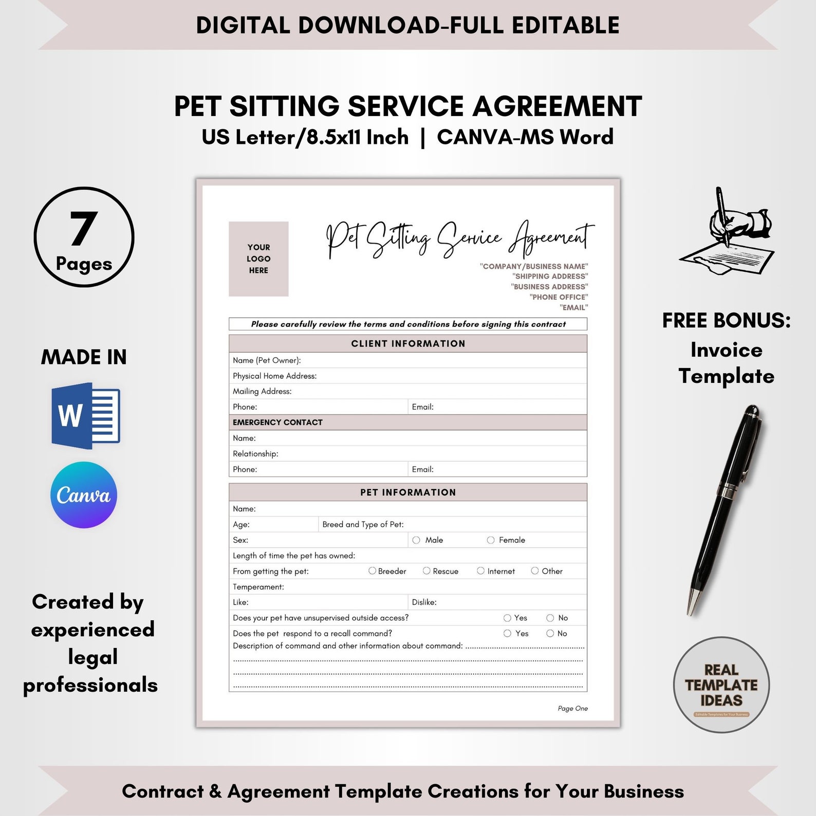 Pet Sitting Service Agreement Template, 7 Page DIY Editable, Pet Sitter ...