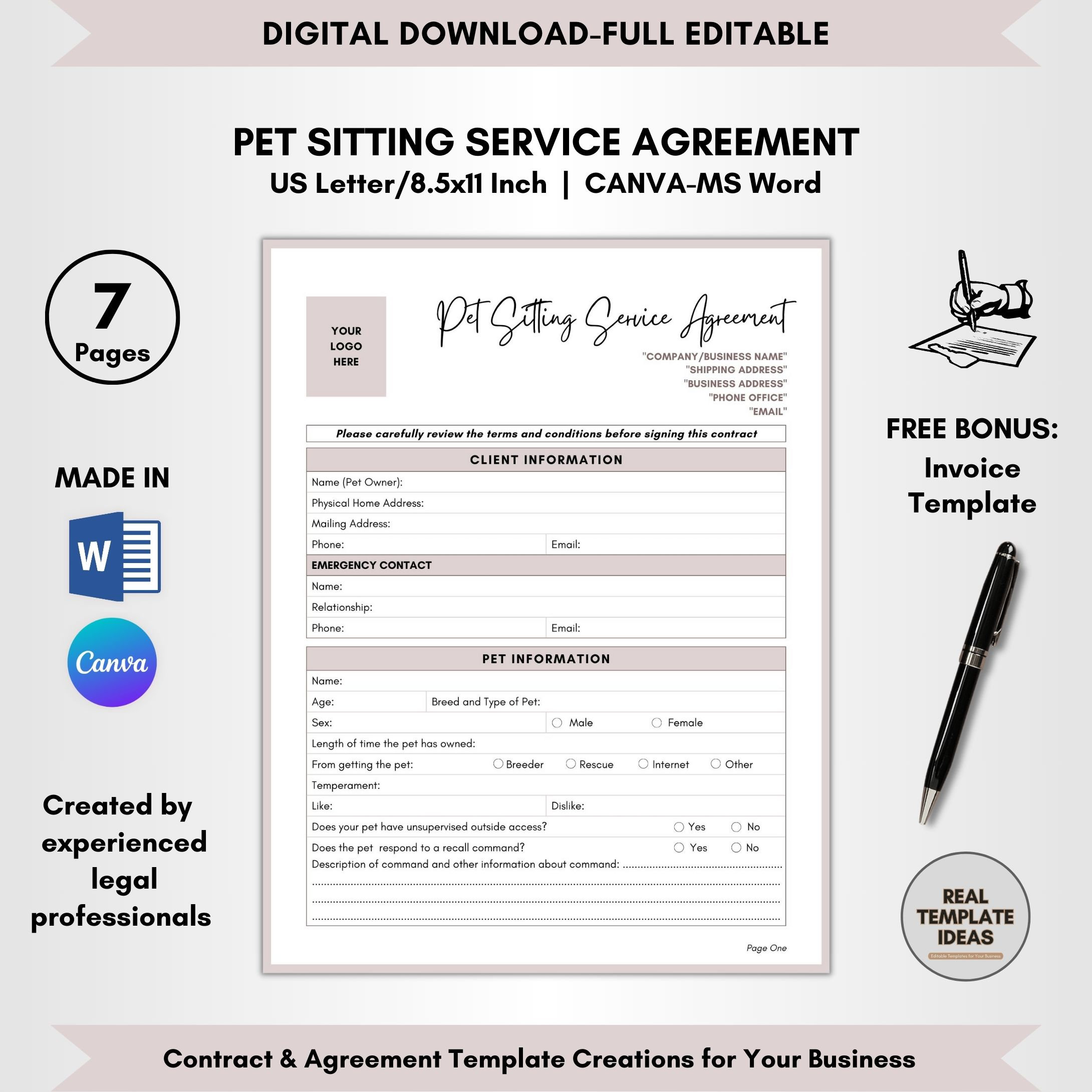 Pet Sitting Service Agreement Template, 7 Page DIY Editable, Pet Sitter ...