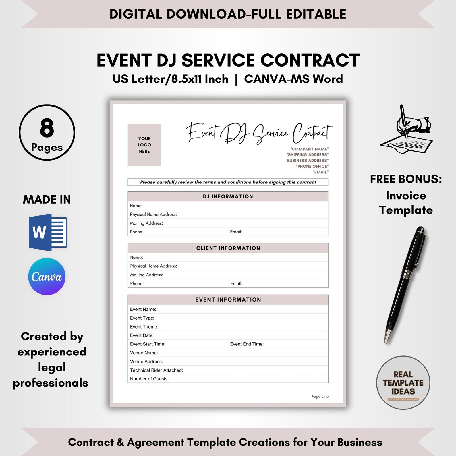 Event DJ Service Contract Template, 8 Pages DIY Editable, Disc Jockey ...