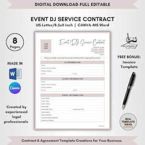 Event DJ Service Contract Template, 8 Pages DIY Editable, Disc Jockey ...