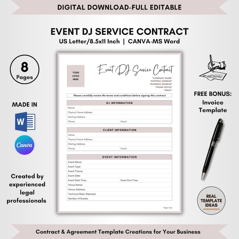 Event DJ Service Contract Template, 8 Pages DIY Editable, Disc Jockey ...