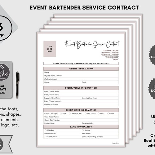 Bartender Agreement Contract Bartending Editable Template - Etsy