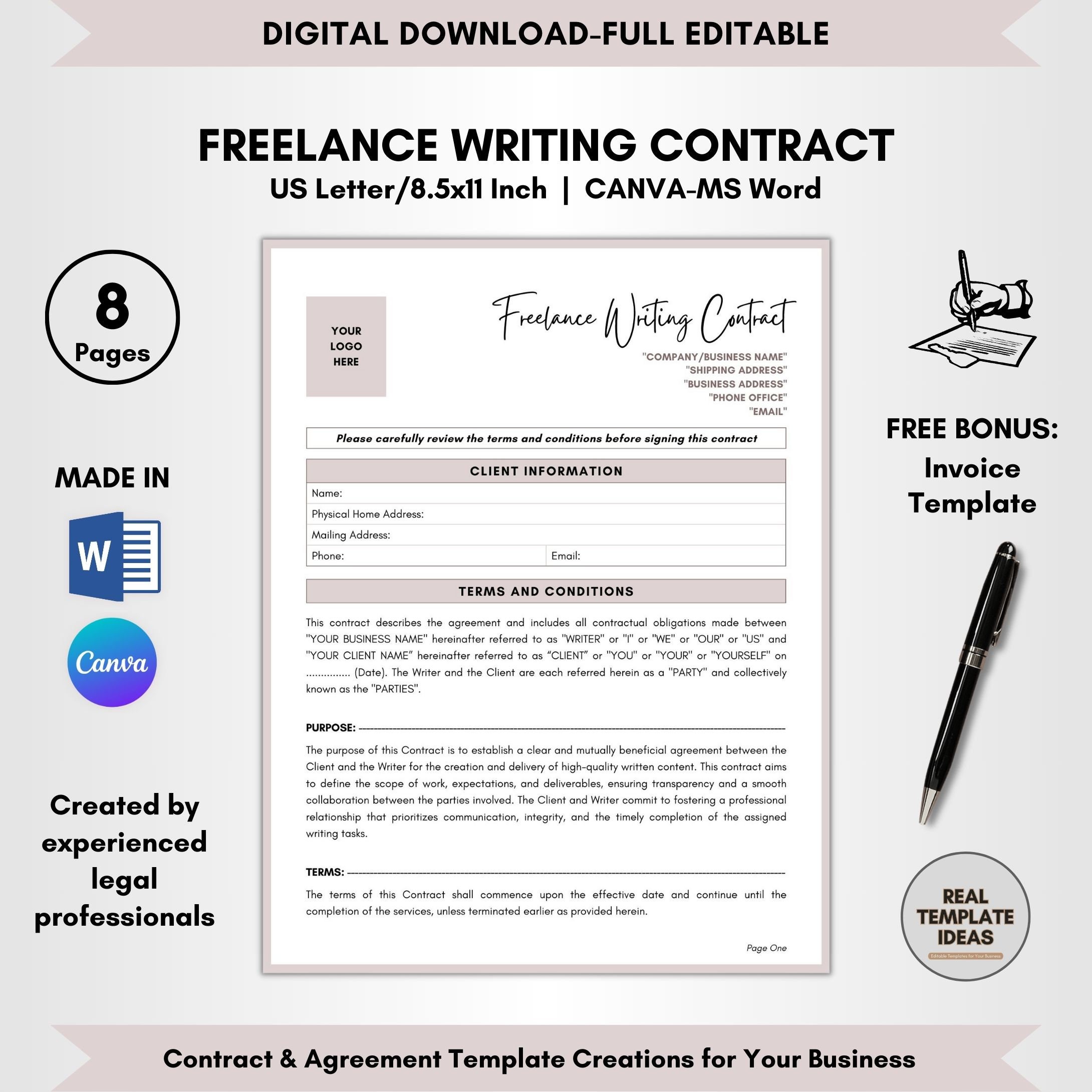 Freelance Writing Contract Template, 8 Pages DIY Editable, Freelance ...