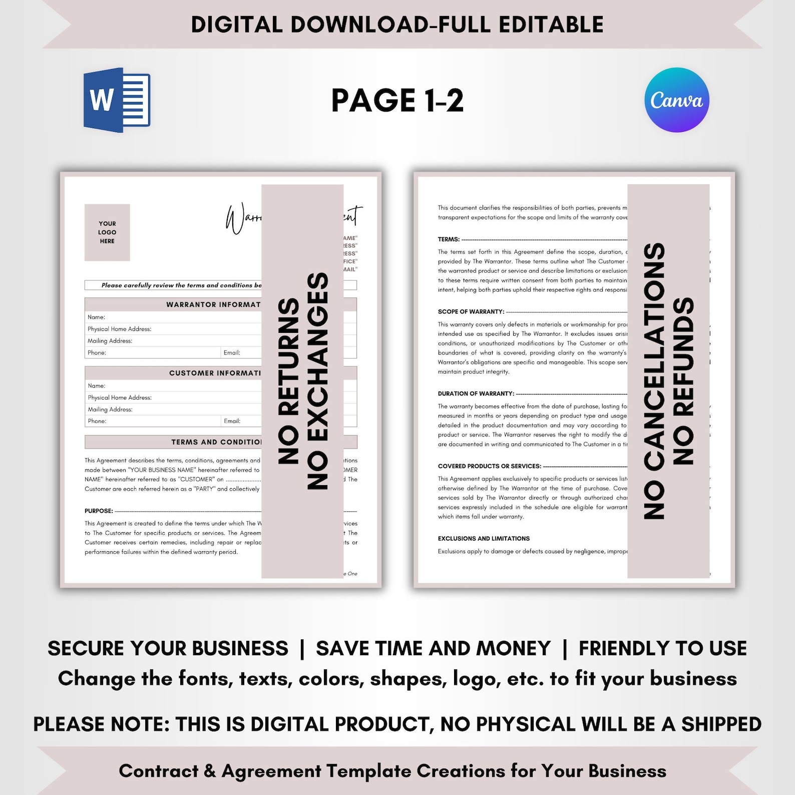 Warranty Agreement Template: 8 Pages DIY Editable Contract (canva & MS ...