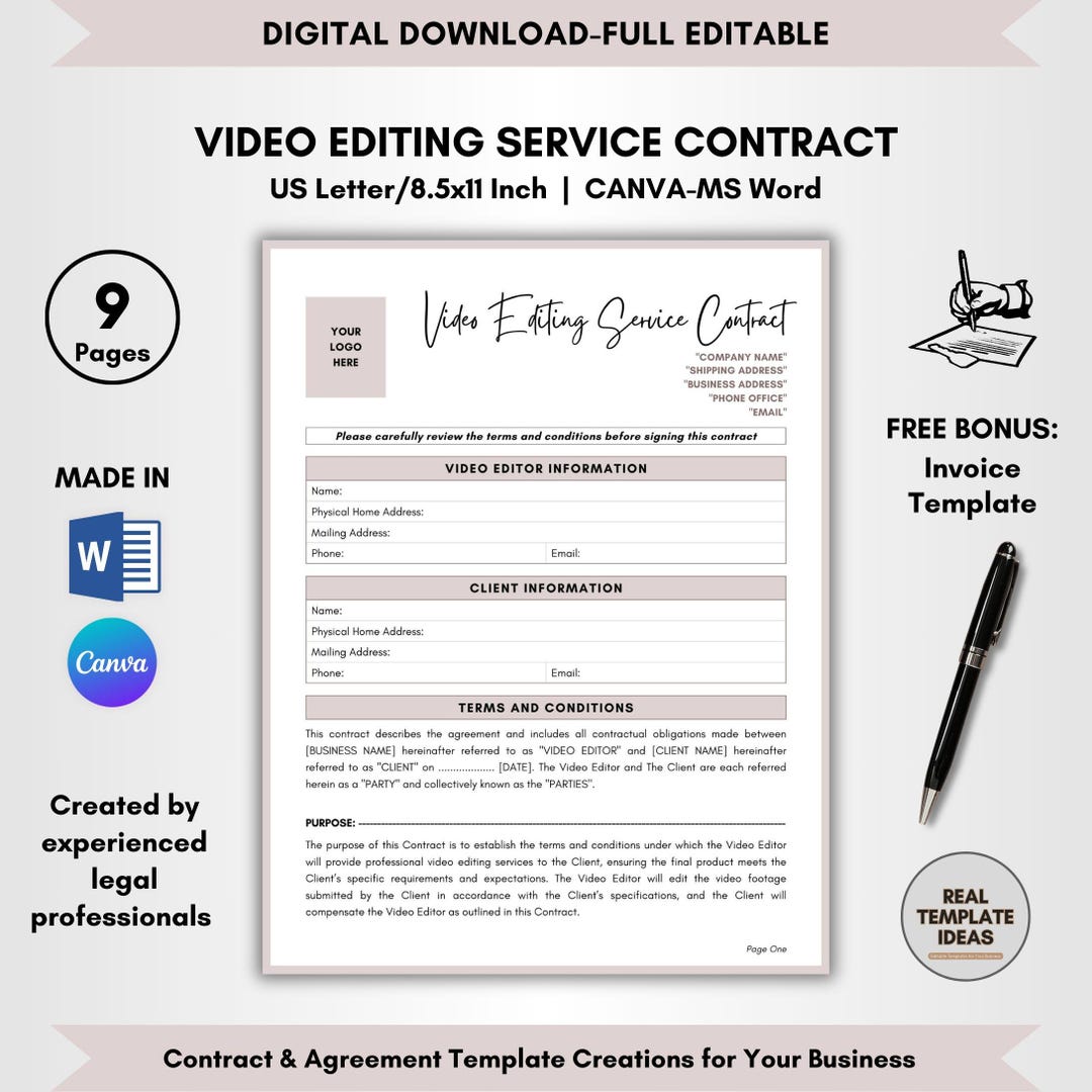 Video Editing Service Contract Template, 9 Pages DIY Editable, Video ...