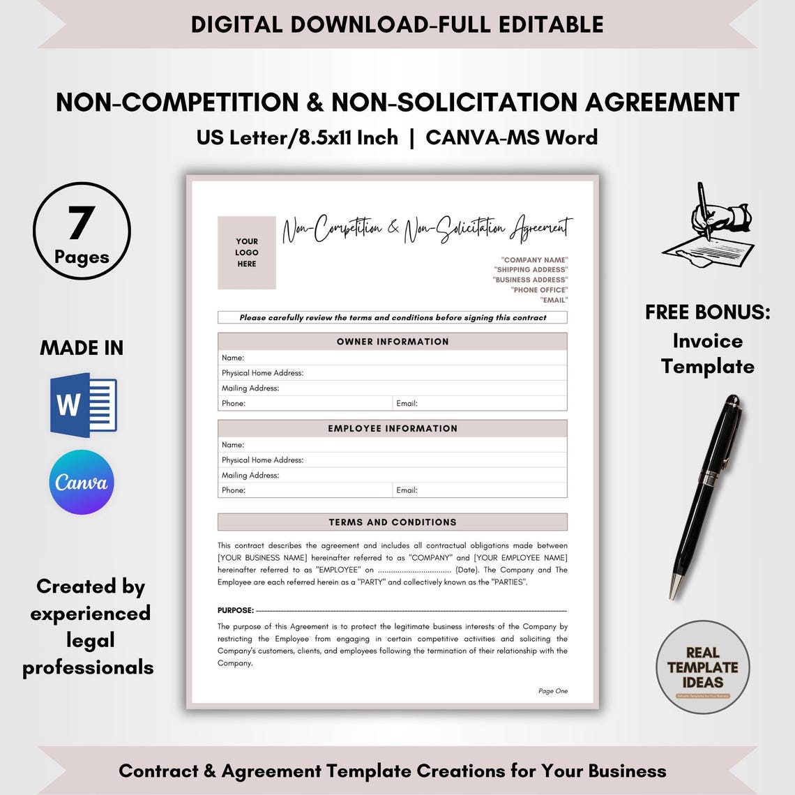 Non-competition & Non-solicitation Agreement Template, 7 Pages DIY ...