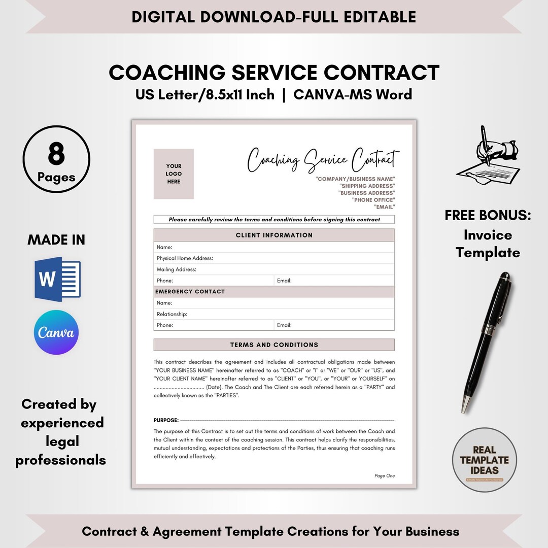 Coaching Service Contract Template, 9 Pages DIY Editable, Coach Service ...