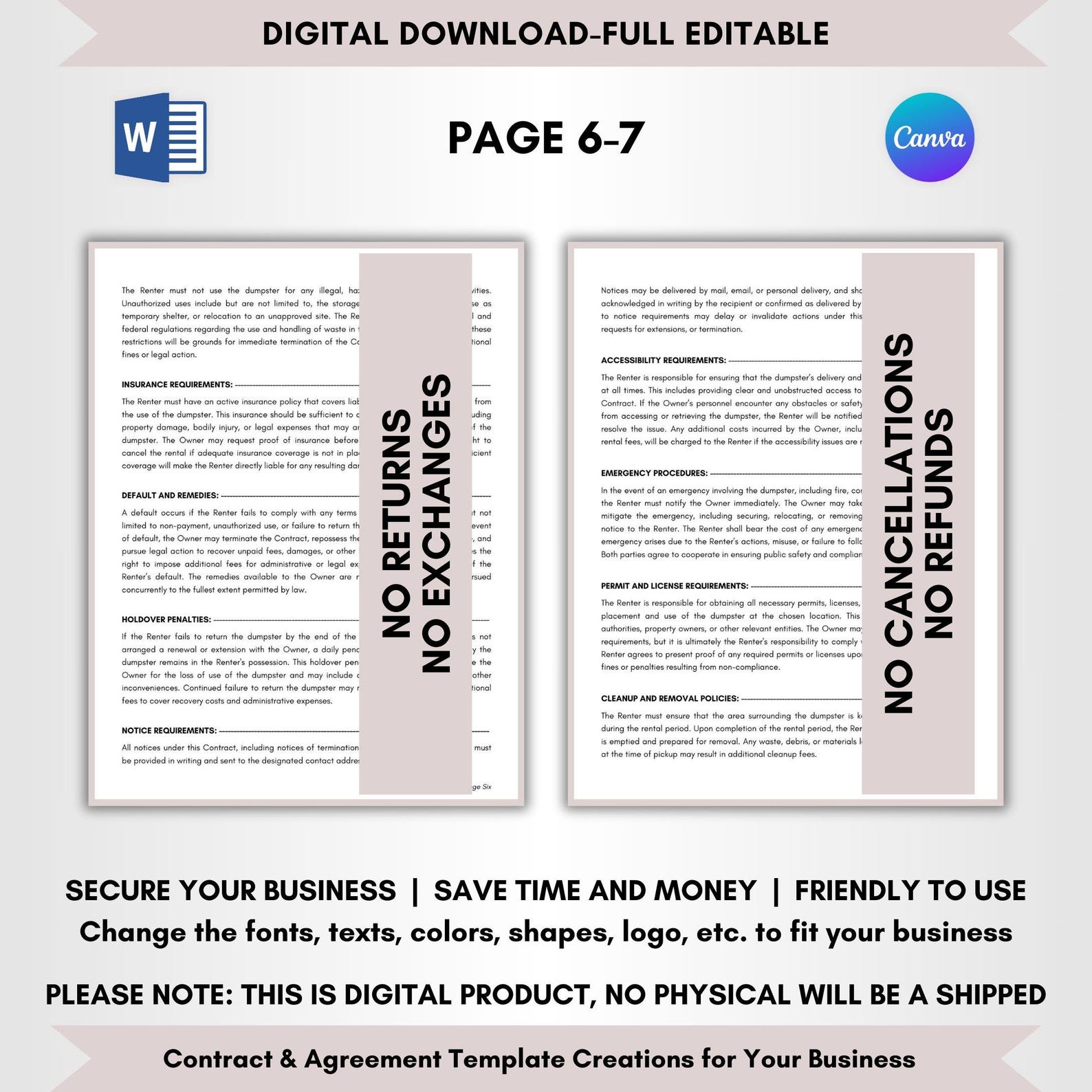 Dumpster Rental Contract Template: 11 Pages DIY Editable Agreement ...
