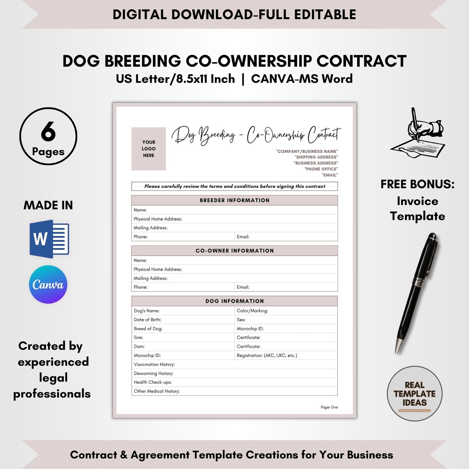 Dog Breeding Co-ownership Contract Template: 6 Pages Editable DIY Form ...