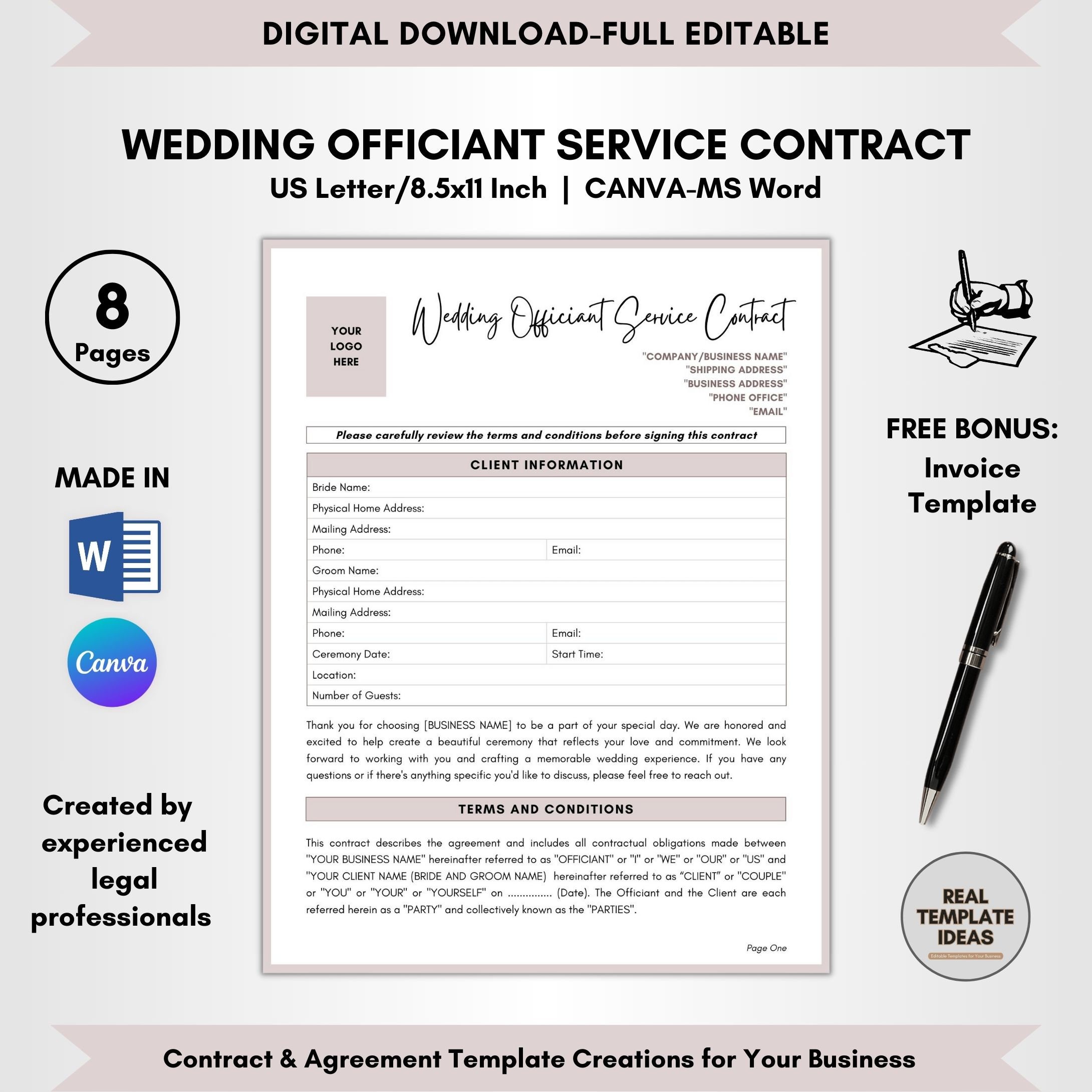 Wedding Officiant Service Contract Template, 8 Pages DIY Editable ...