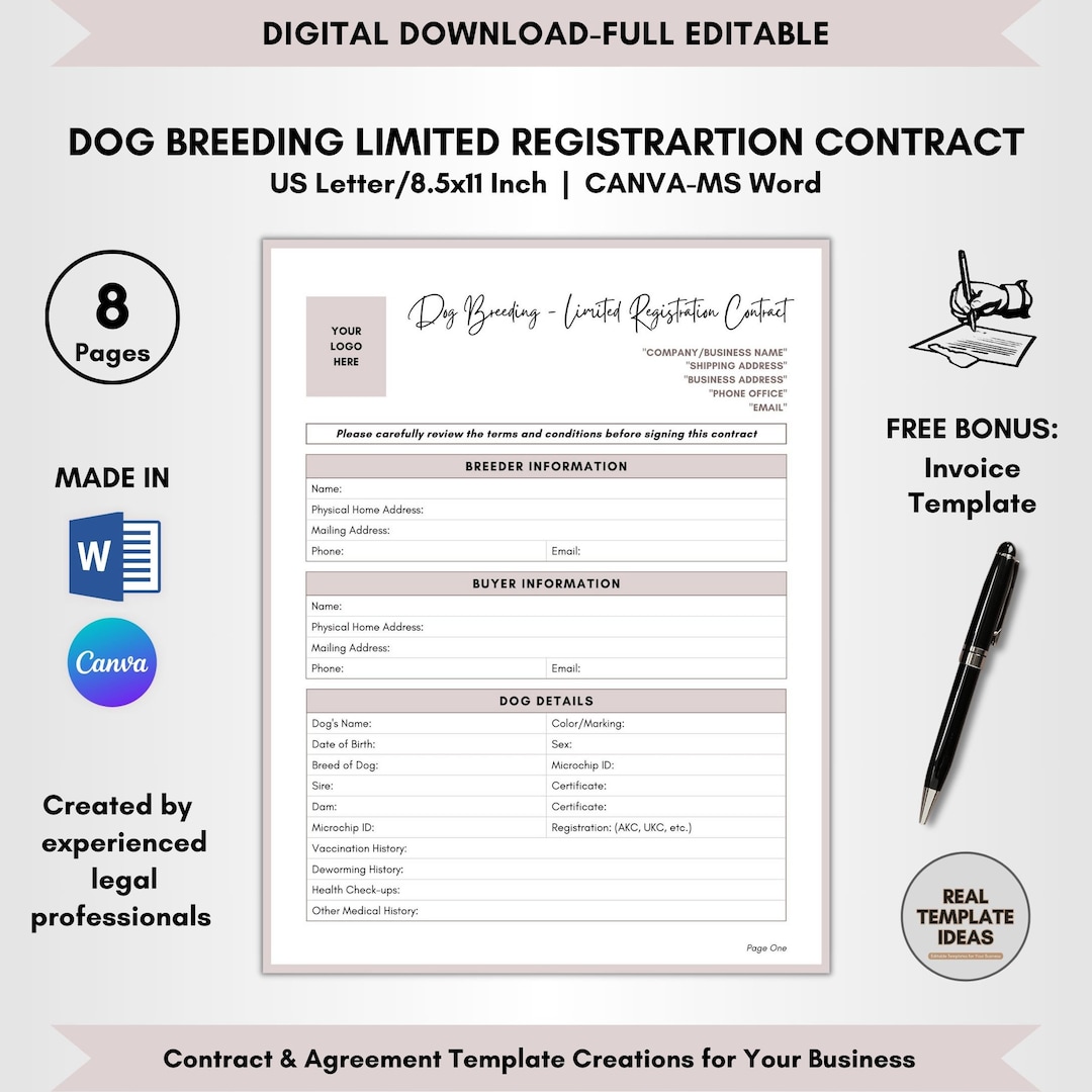Dog Breeding Limited Registration Contract Template, 8 Pages DIY ...