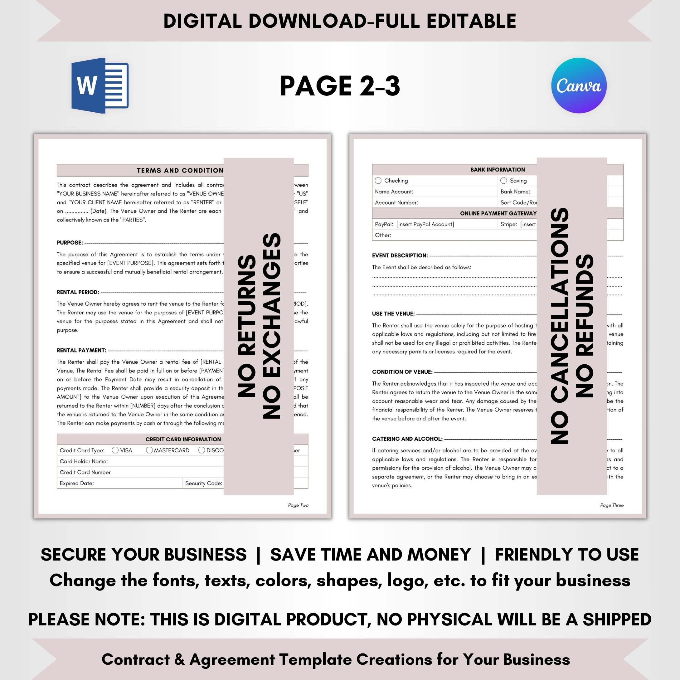 Venue Rental Agreement Template: 7 Pages DIY Editable Contract (canva ...
