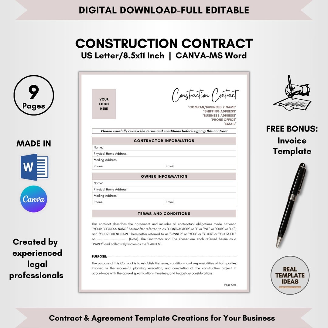 Construction Contract Agreement Template: 9 Pages DIY Editable (CANVA ...