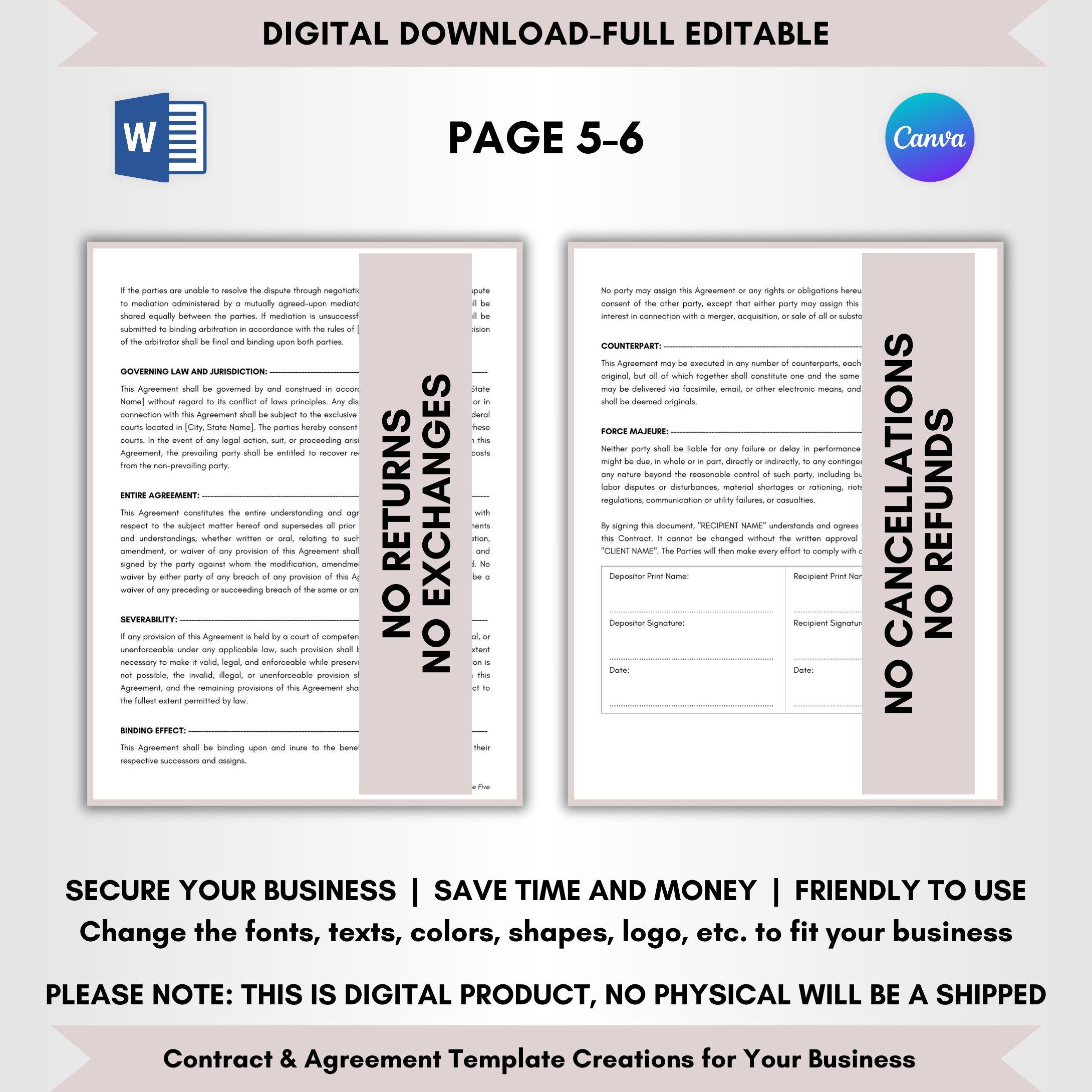 Non-refundable Deposit Agreement Template, 6 Pages DIY Editable ...