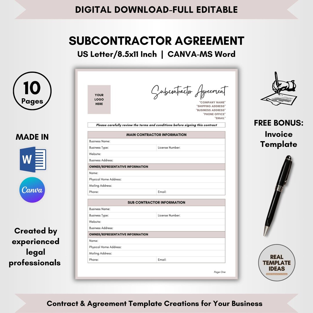 Subcontractor Agreement Template, 10 Pages DIY Editable, Subcontractor ...