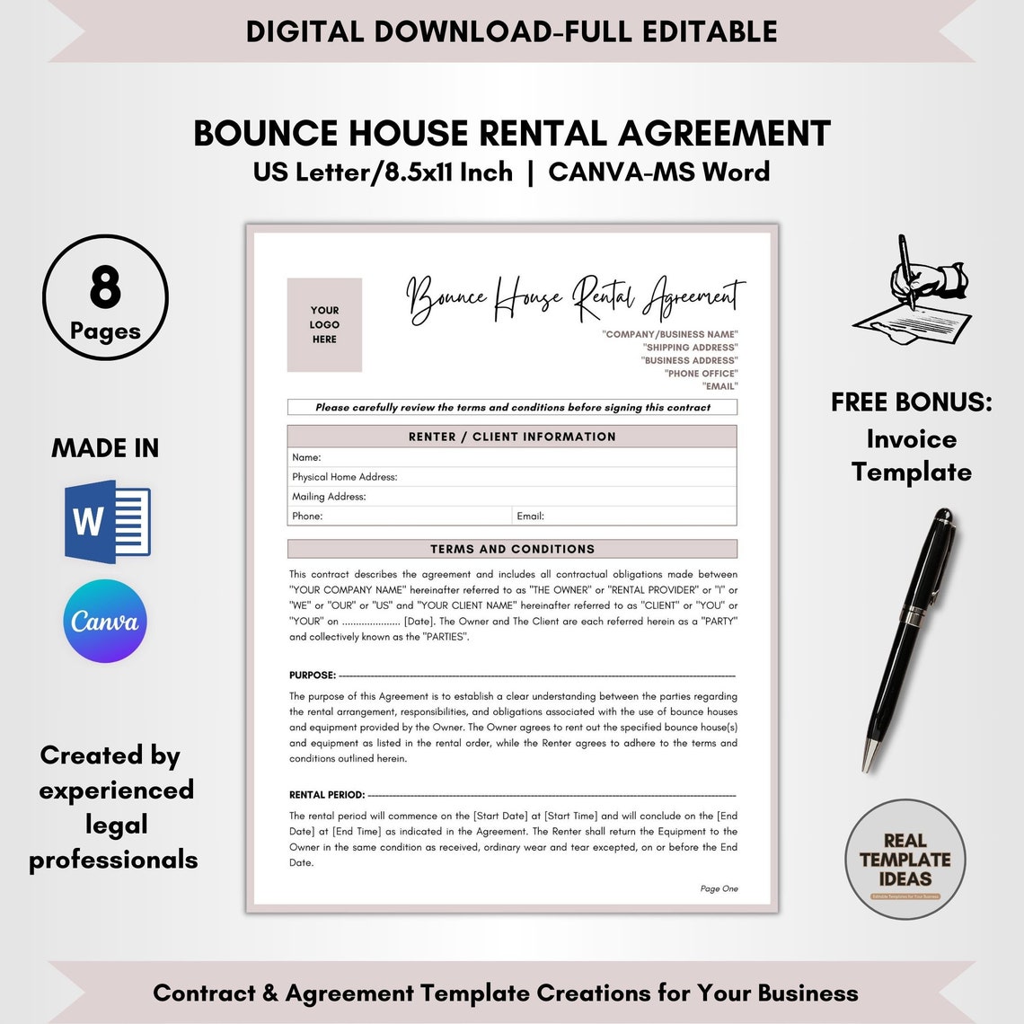 Bounce House Rental Agreement Template, 8 Pages DIY Editable, Moon ...