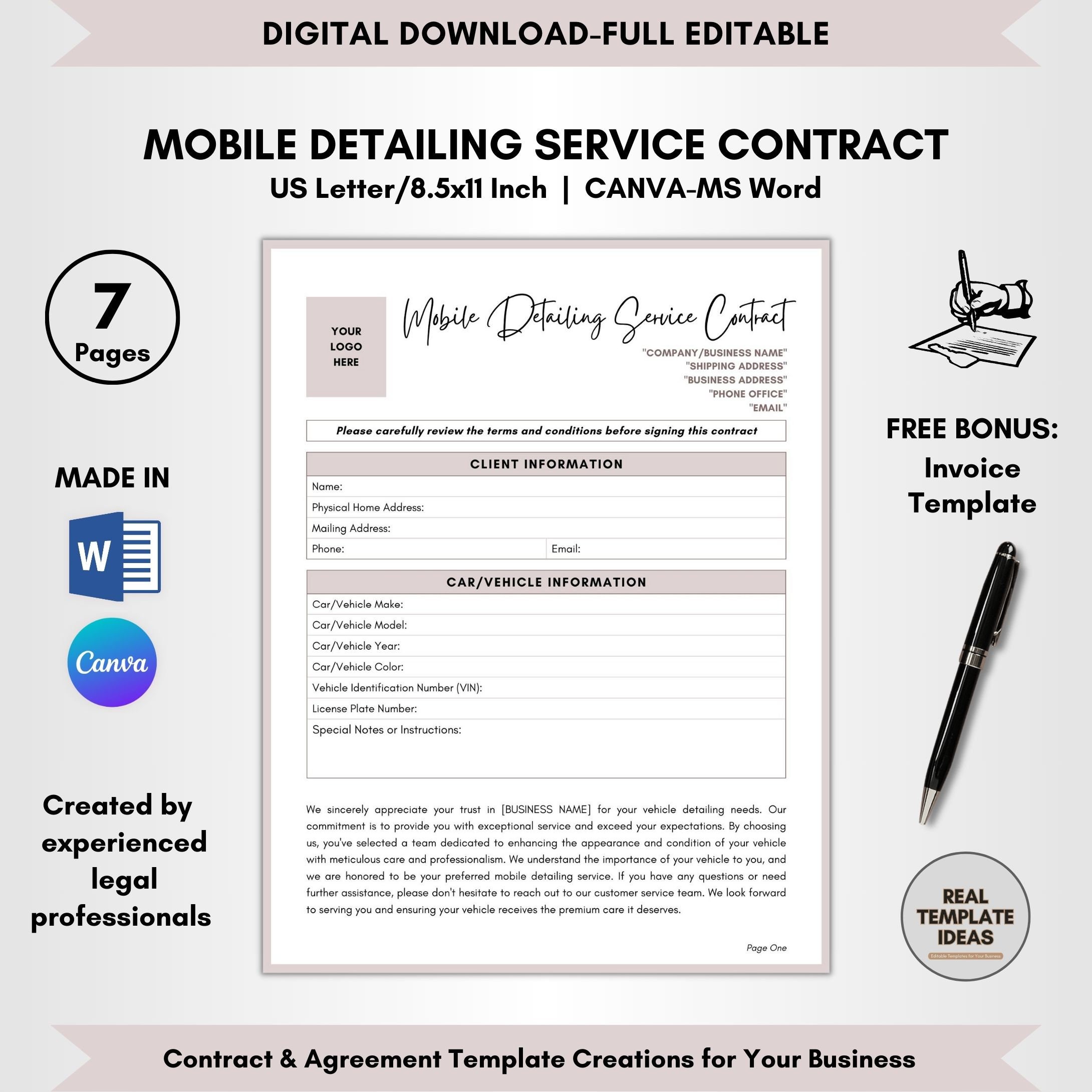 Mobile Detailing Service Contract Template: DIY Editable (digital ...
