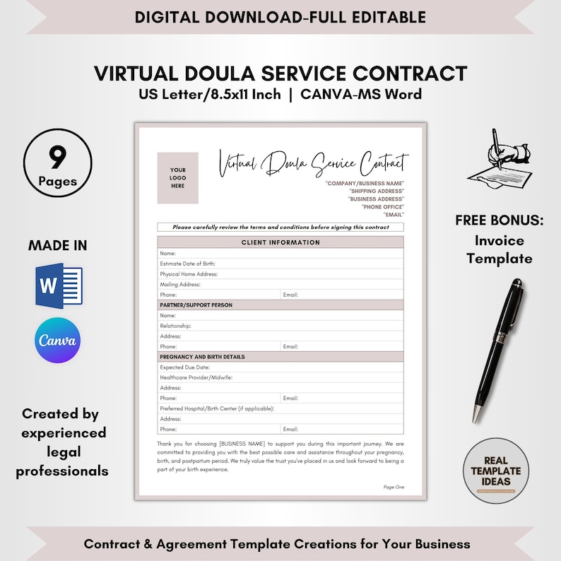 Virtual Doula Service Contract Template: Canva & MS Word (digital ...