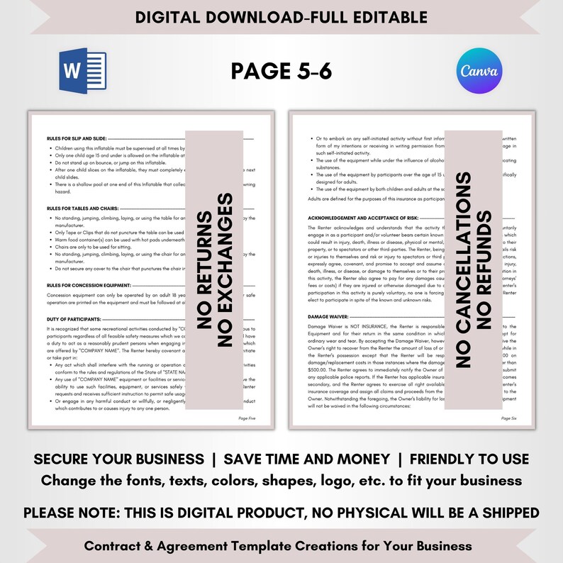 Inflatable Rental Agreement Template, 10 Pages DIY Editable, Inflatable ...
