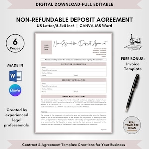 Non-refundable Deposit Agreement Template, 6 Pages DIY Editable ...