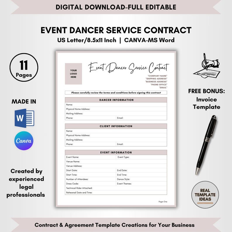 Event Dancer Service Contract Template: DIY Editable, Dance Performance ...