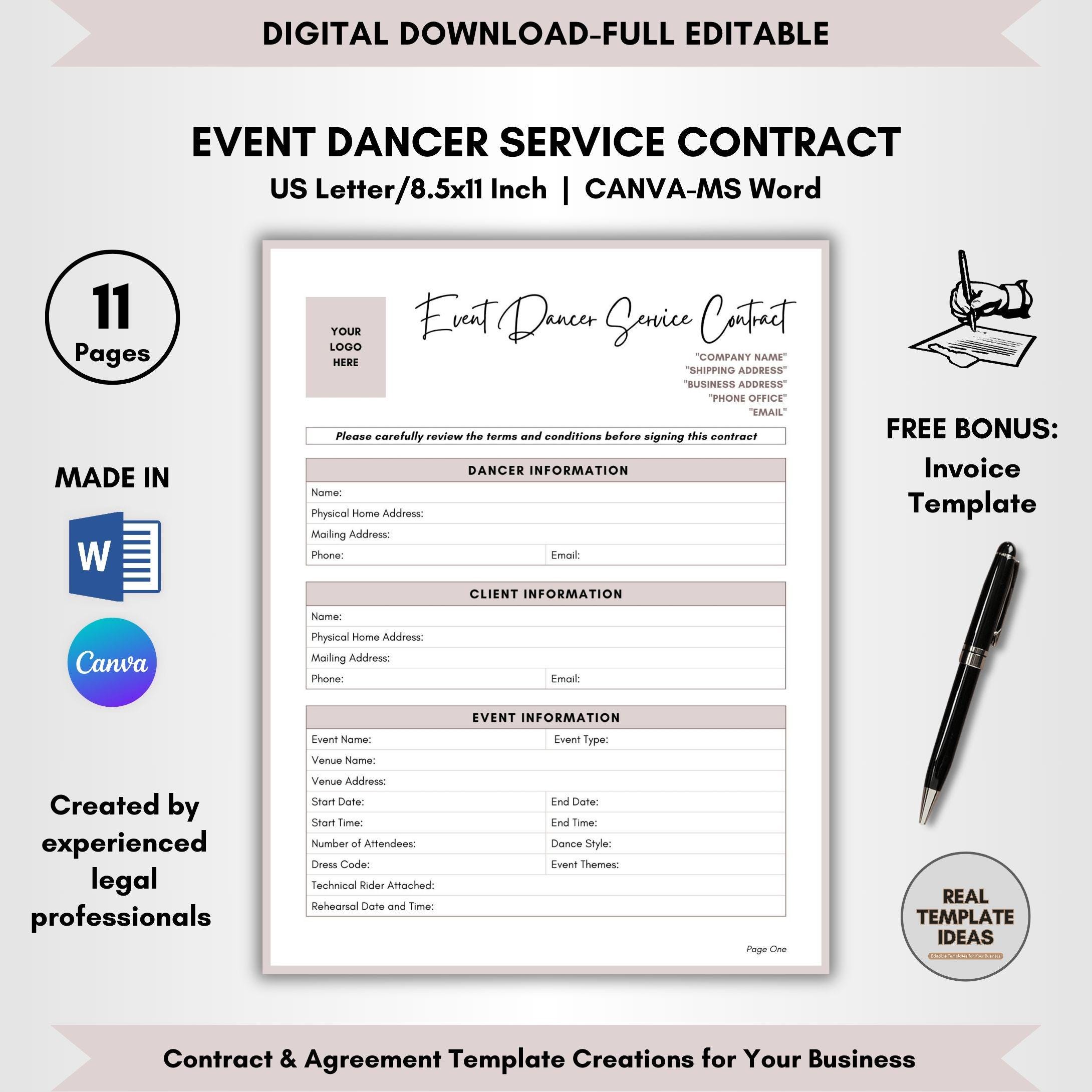 Event Dancer Service Contract Template, 11 Pages DIY Editable, Dance Show Agreement ...