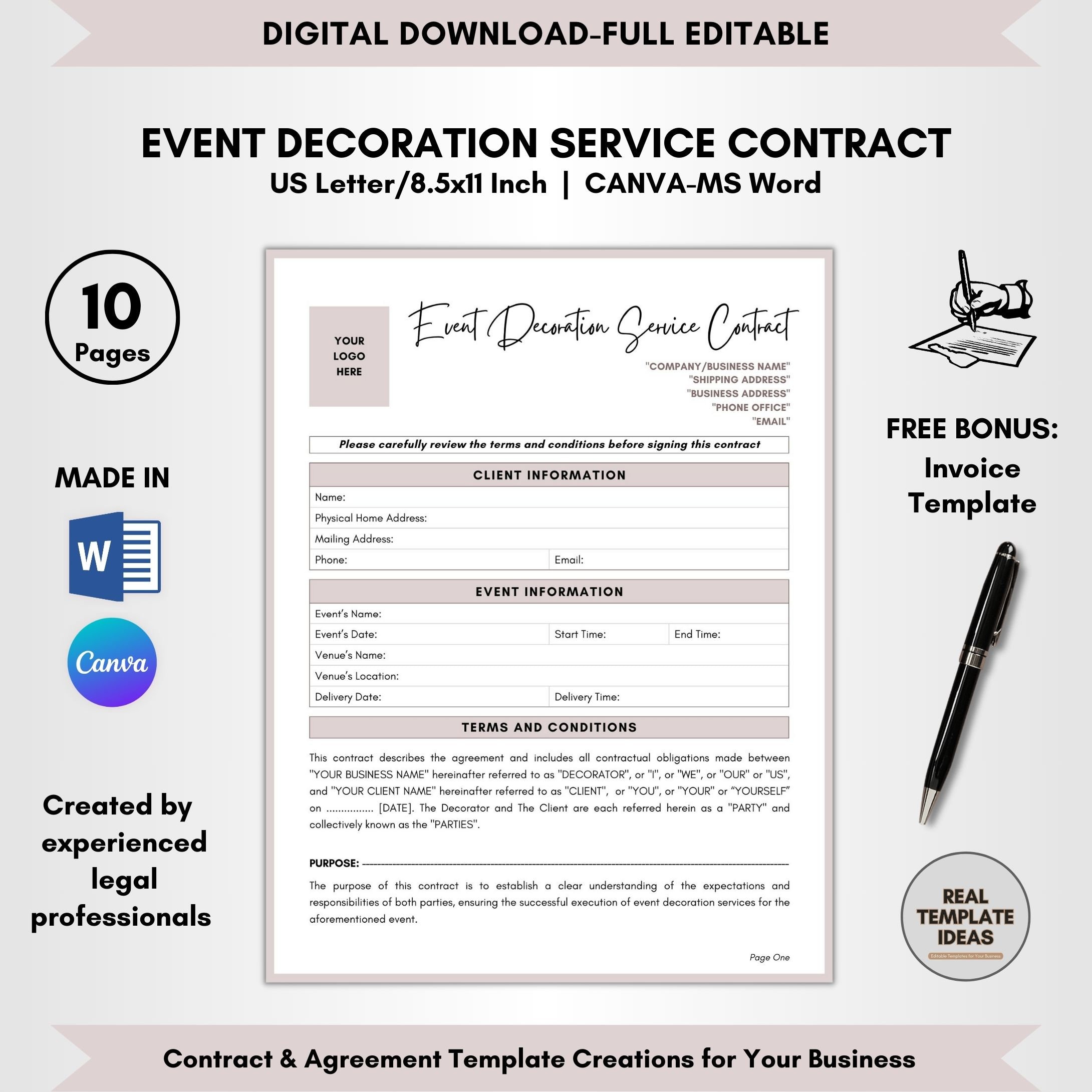 Event Decoration Service Contract Template: Editable DIY (CANVA & MS ...