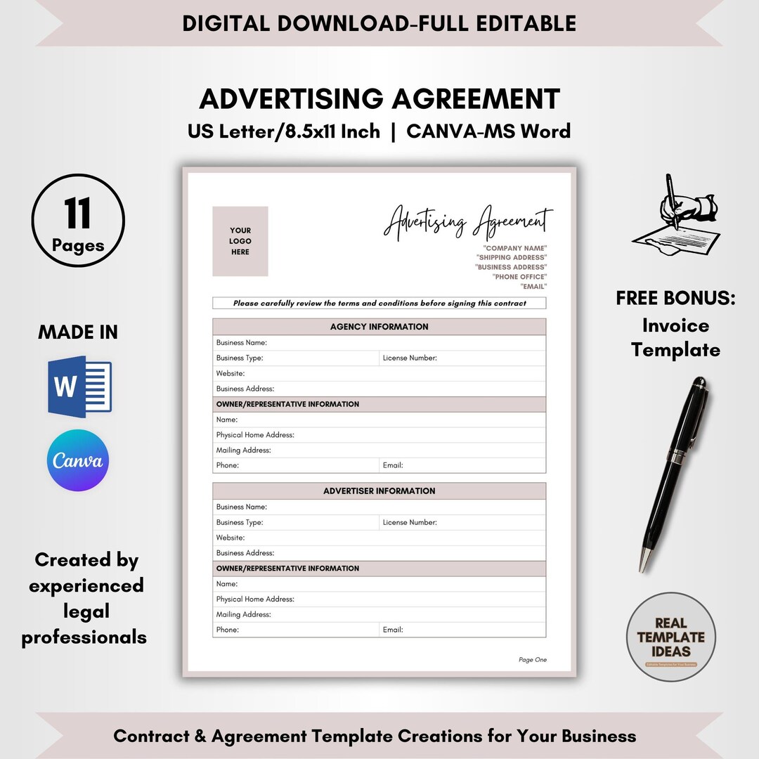 Advertising Agreement Template, 11 Pages DIY Editable, Advertiser ...