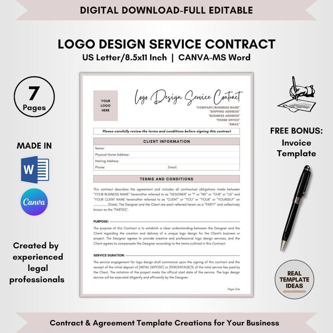 Logo Design Service Contract Template, 7 Pages DIY Editable, Logo ...