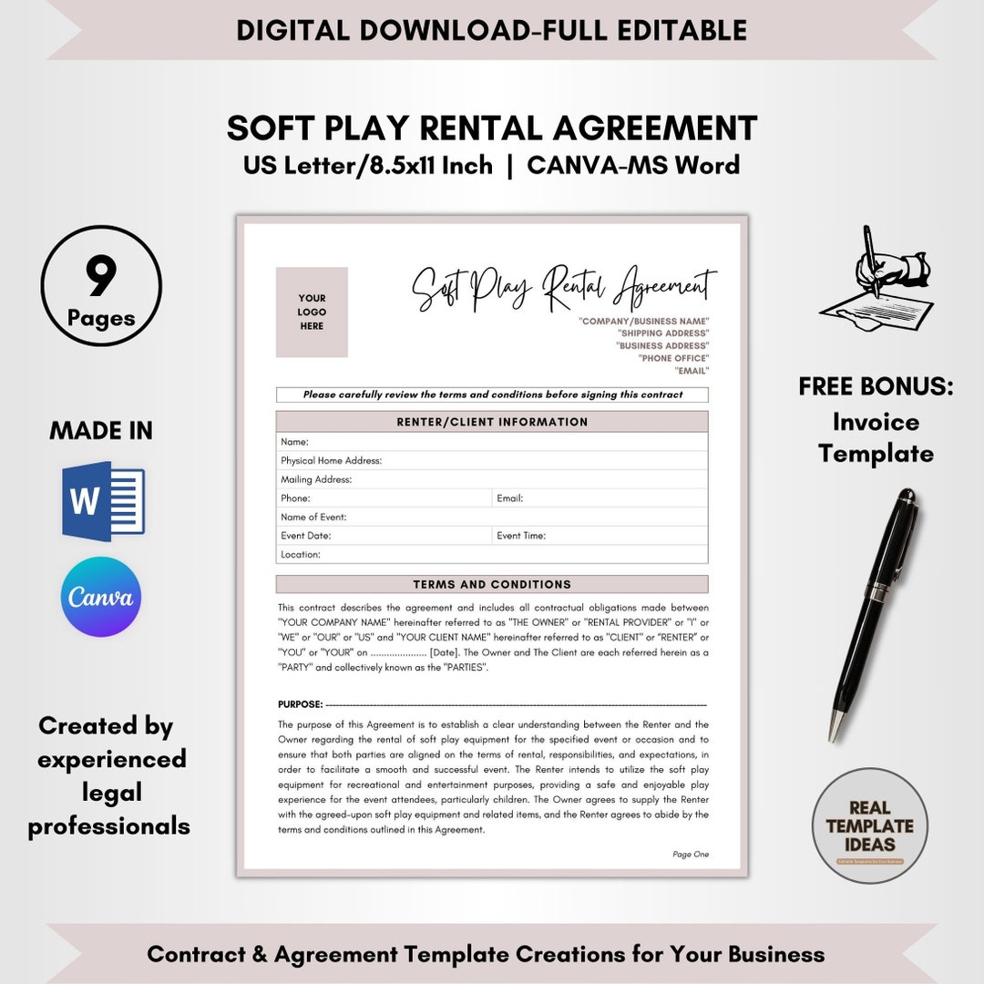 Soft Play Rental Agreement Template: 9 Pages Editable DIY Contract ...