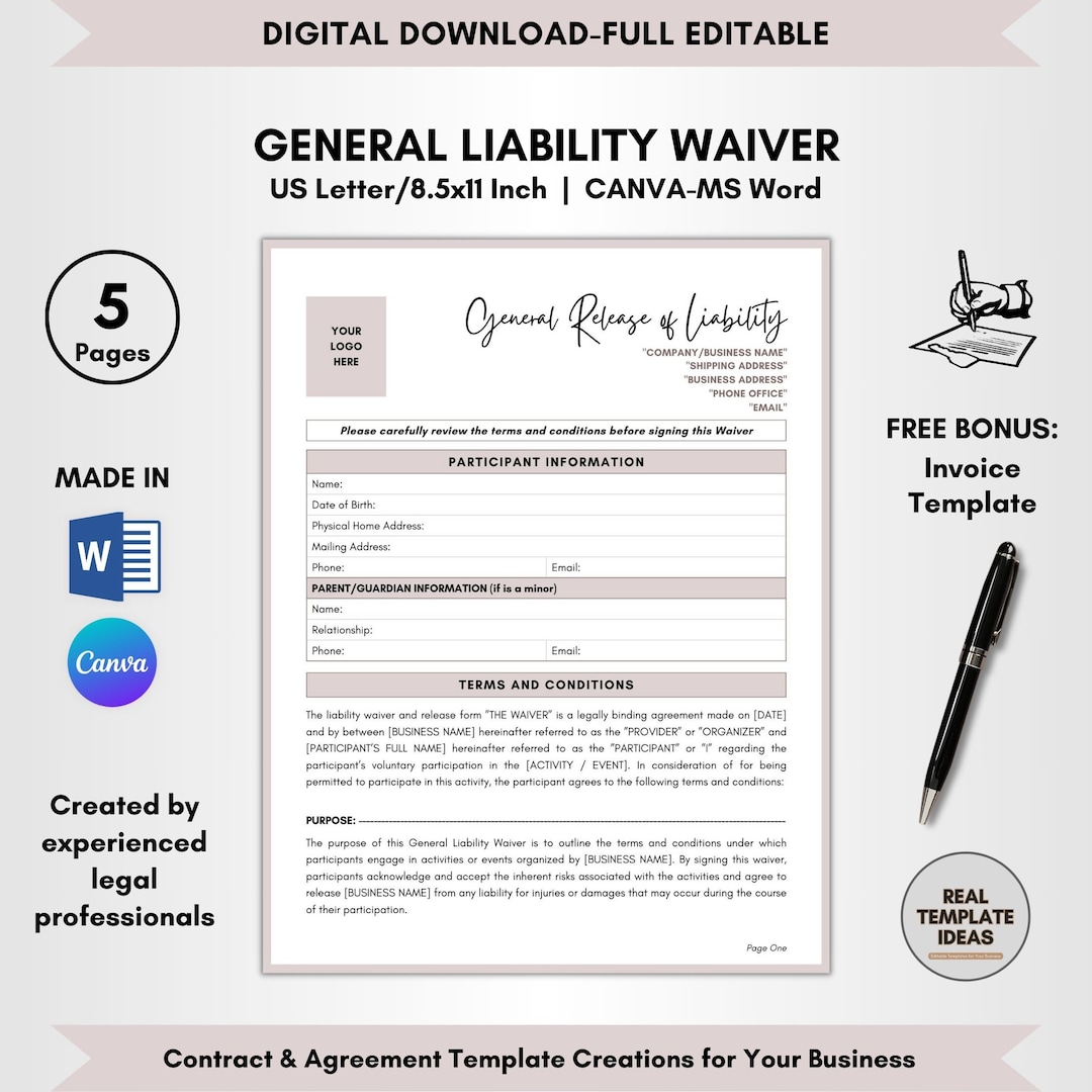 General Liability Waiver Template, 5 Pages DIY Editable, General ...