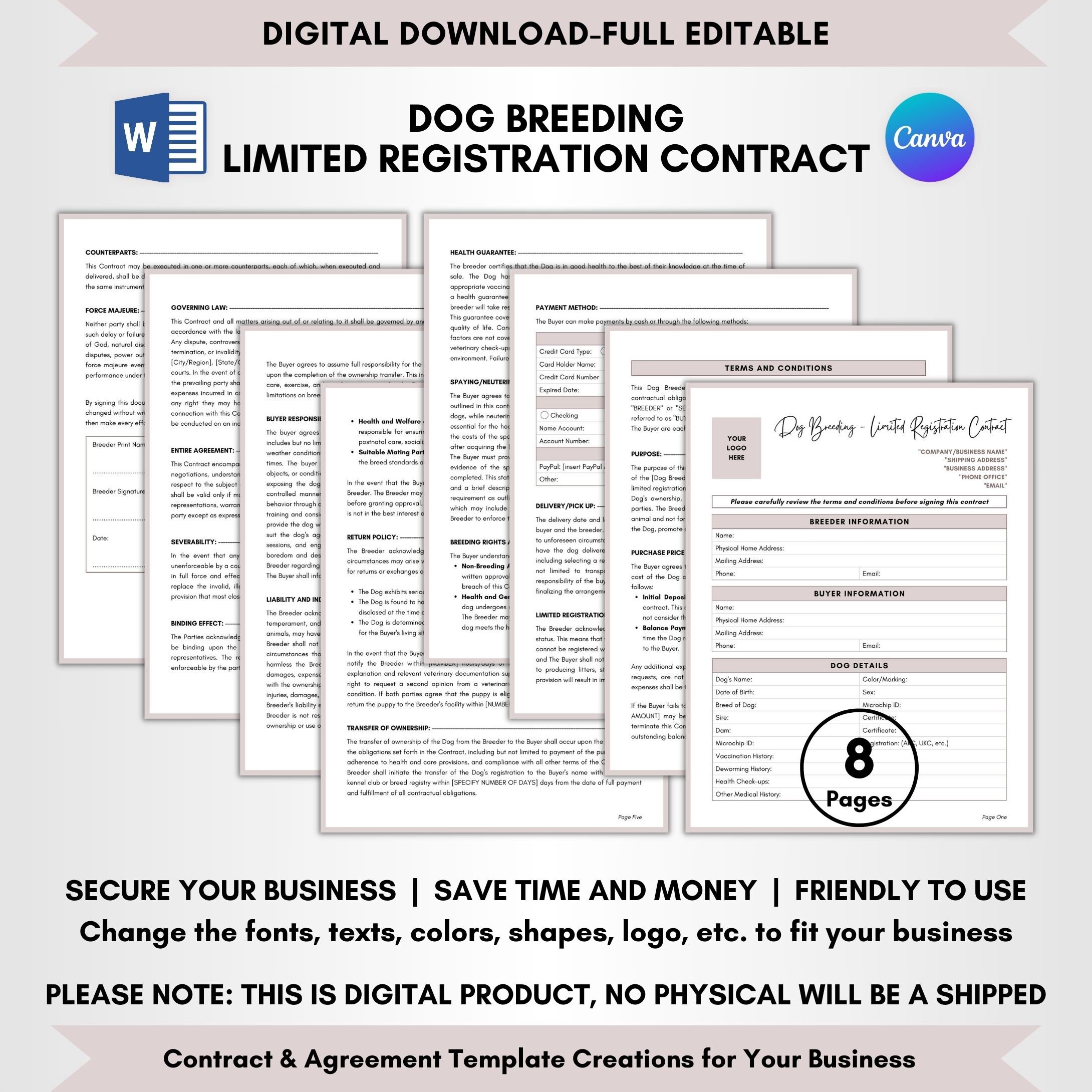 Dog Breeding Contract Template Bundle, 7 Dog Breeder Contract Terms, DIY Editable CANVA-MS Word ...