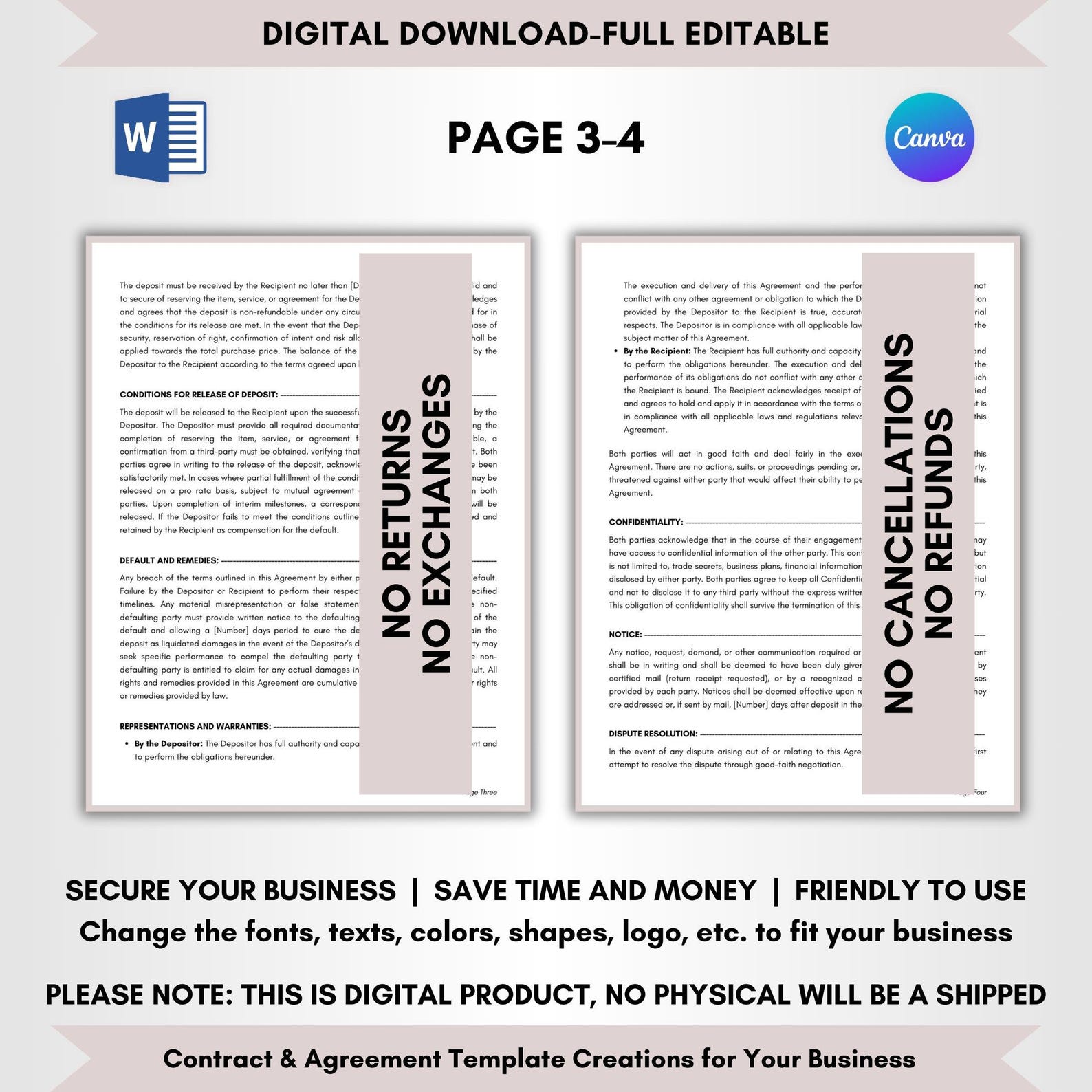 Non-refundable Deposit Agreement Template, 6 Pages DIY Editable ...